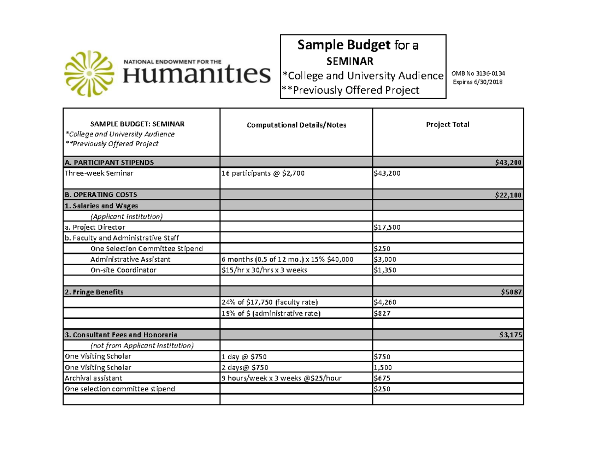 Seminar/conference sample budget 2018 - OMB No 3136- 0134 Expires 6/30 ...