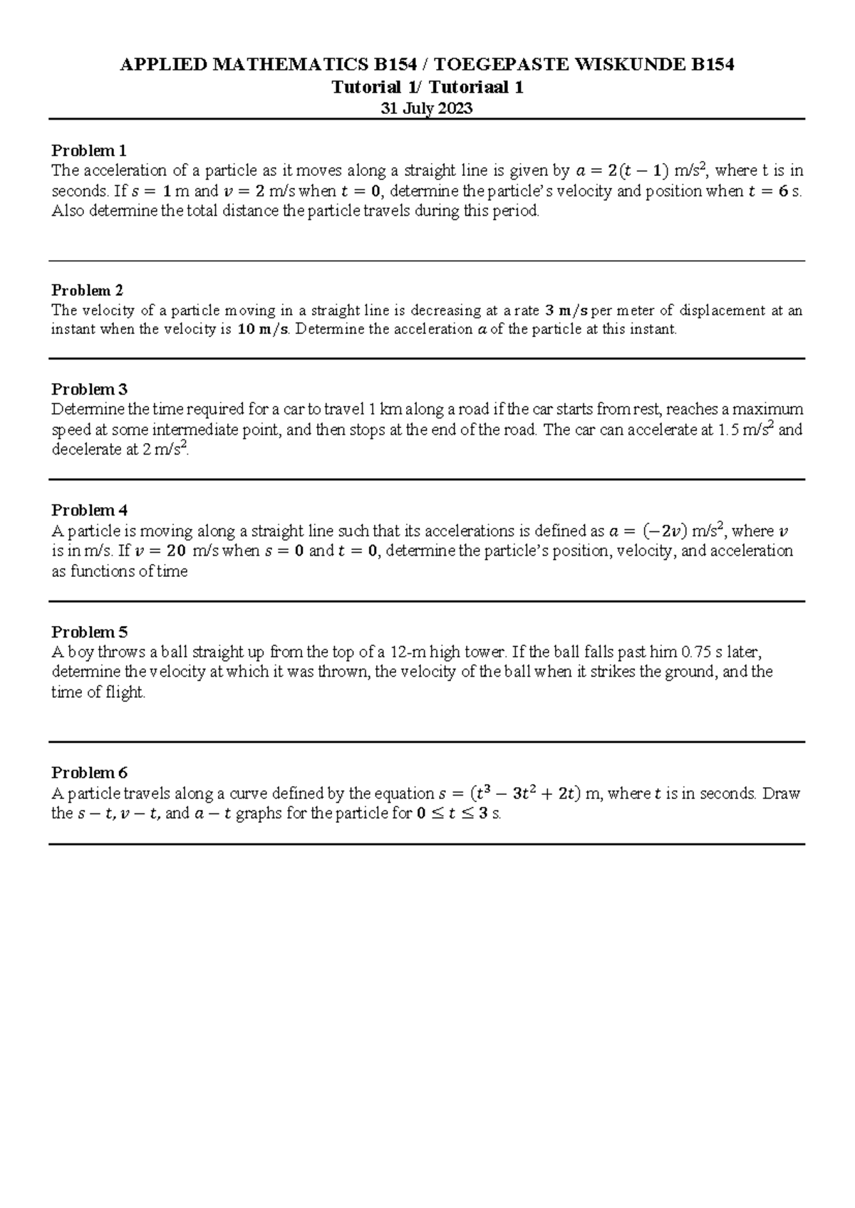 Applied tut - Tut 2023 - APPLIED MATHEMATICS B154 / TOEGEPASTE WISKUNDE B Tutorial 1/ Tutoriaal ...
