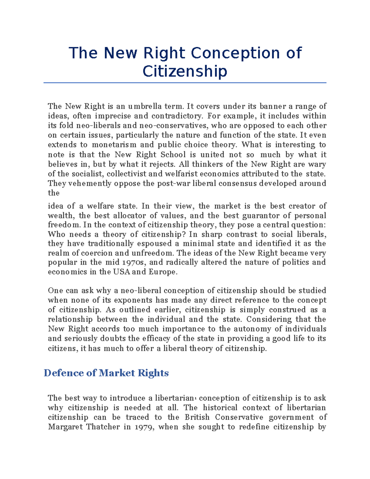The New Right Conception of Citizenship - The New Right Conception of ...