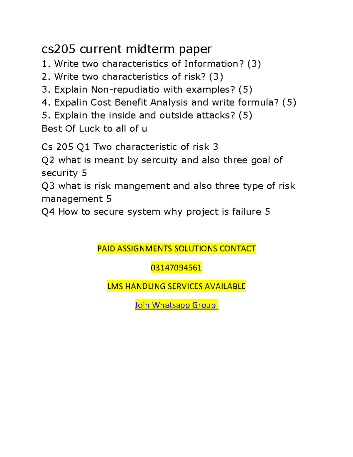 CS205 Midterm Papers - Thanks - cs 205 current midterm paper 1. Write ...