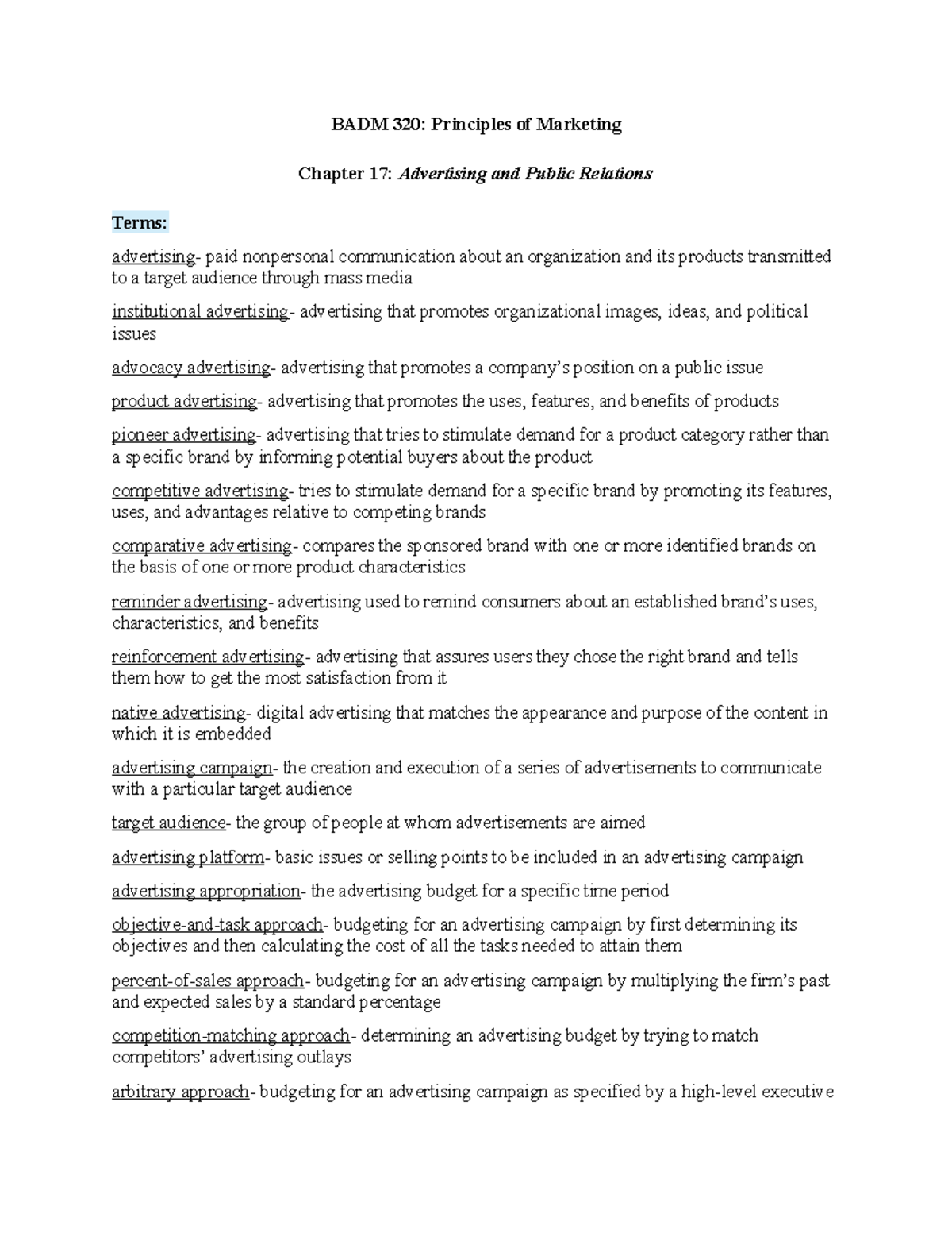 Principles of Marketing Ch 17 Terms - BADM 320: Principles of Marketing Chapter 17: Advertising ...