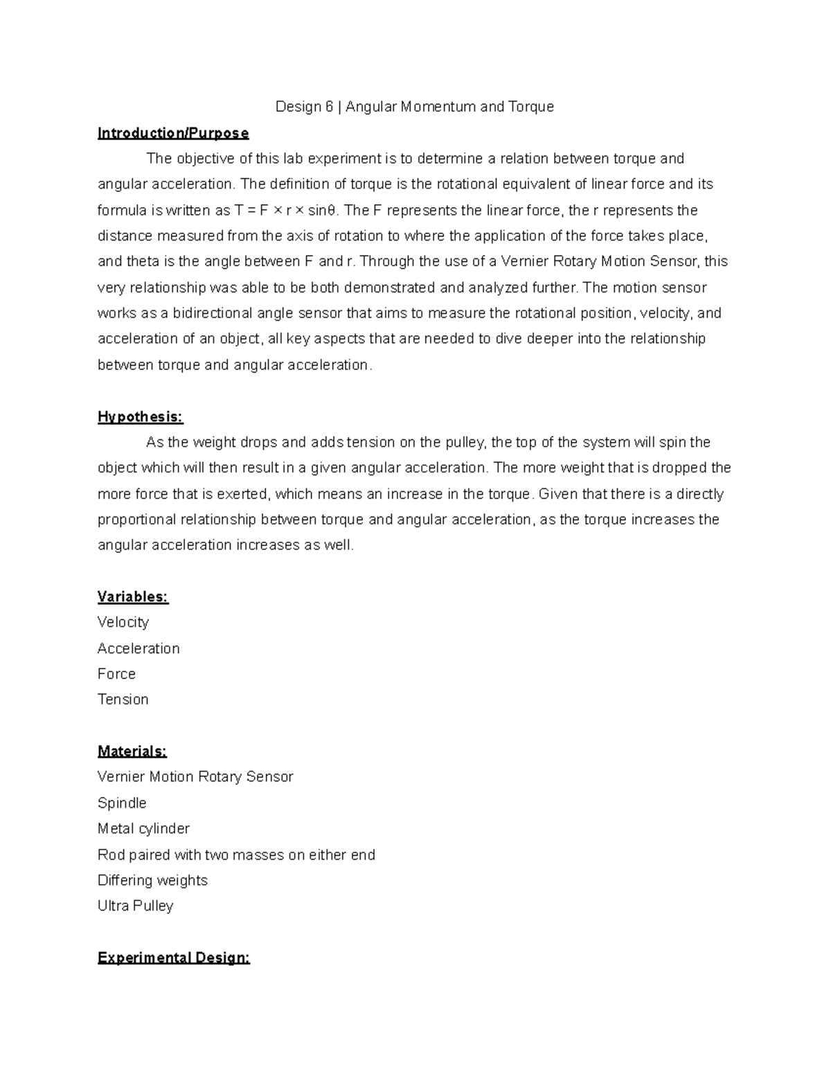 Report 6 Design - Description of Lab setup - PHYS 107 - Chapman - Studocu