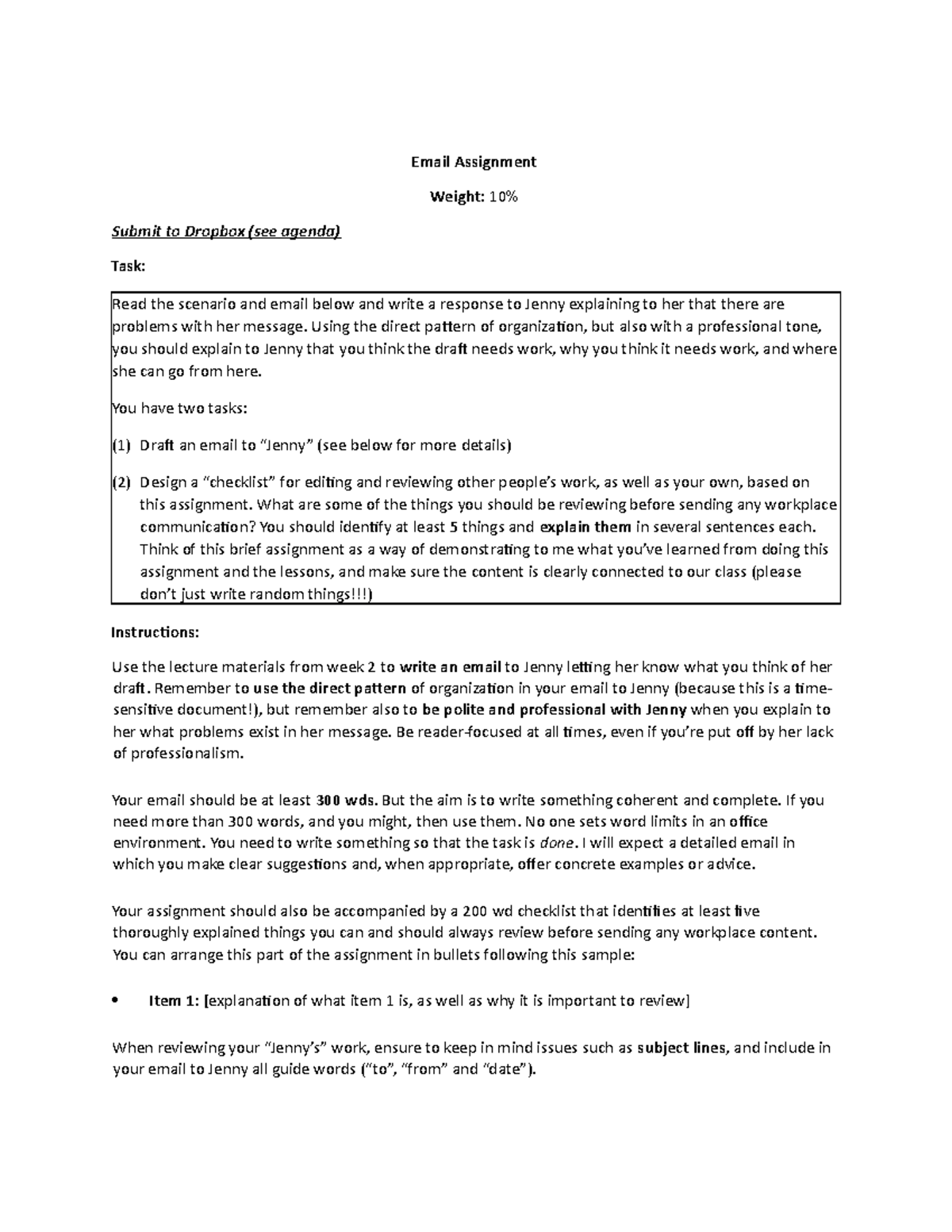 6019 Email Assignment - Email Assignment Weight: 10% Submit to Dropbox ...