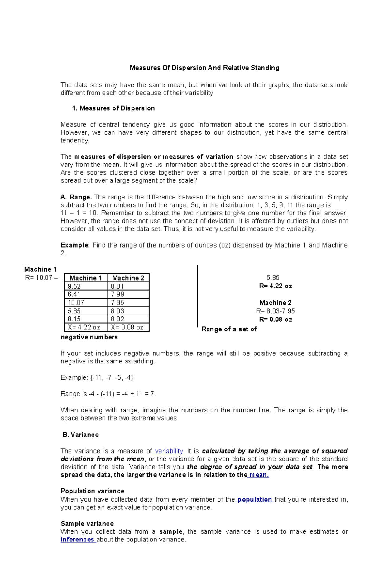 Measures Of Dispersion And Relative Standing - Measures of Dispersion ...