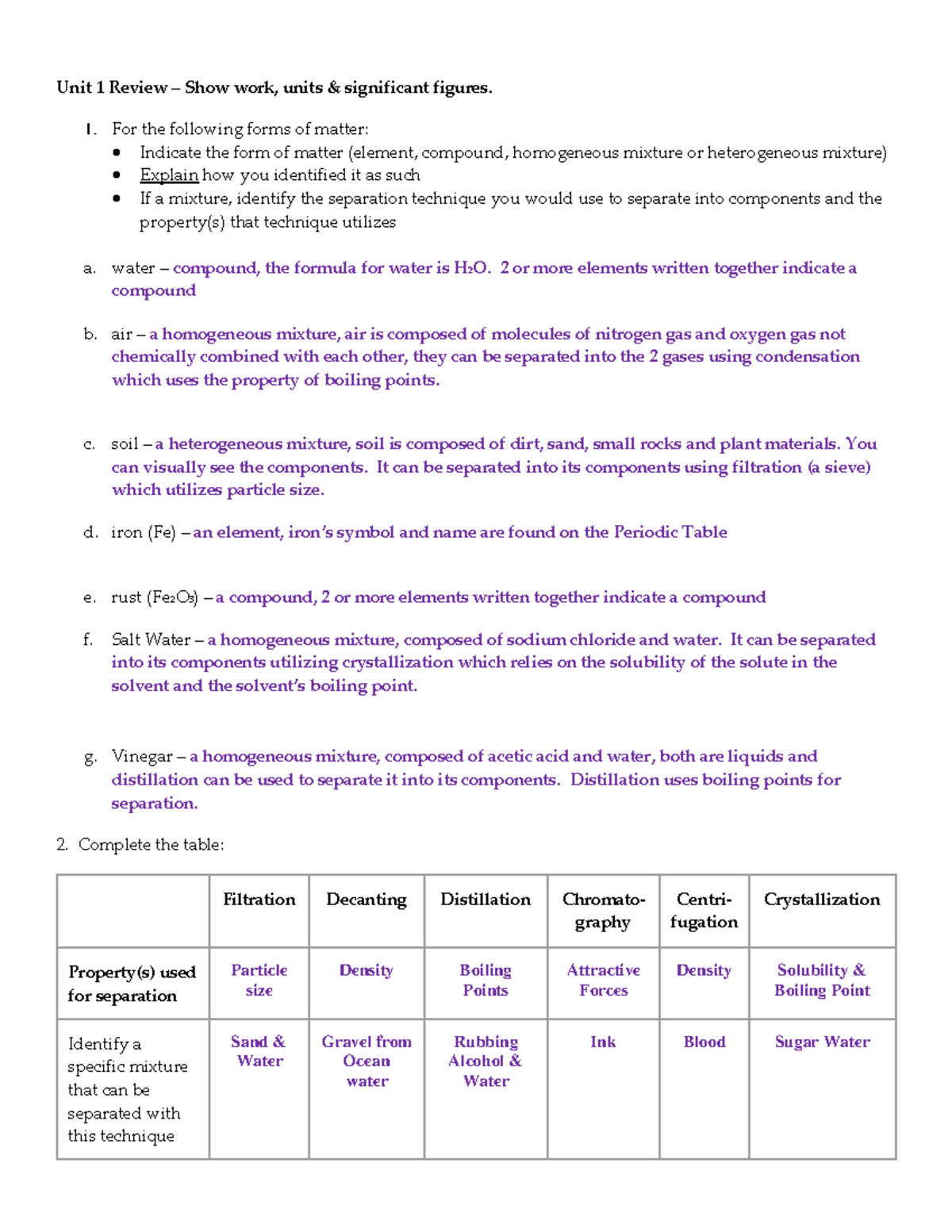 Unit One Review - Unit 1 Review – Show work, units & significant ...