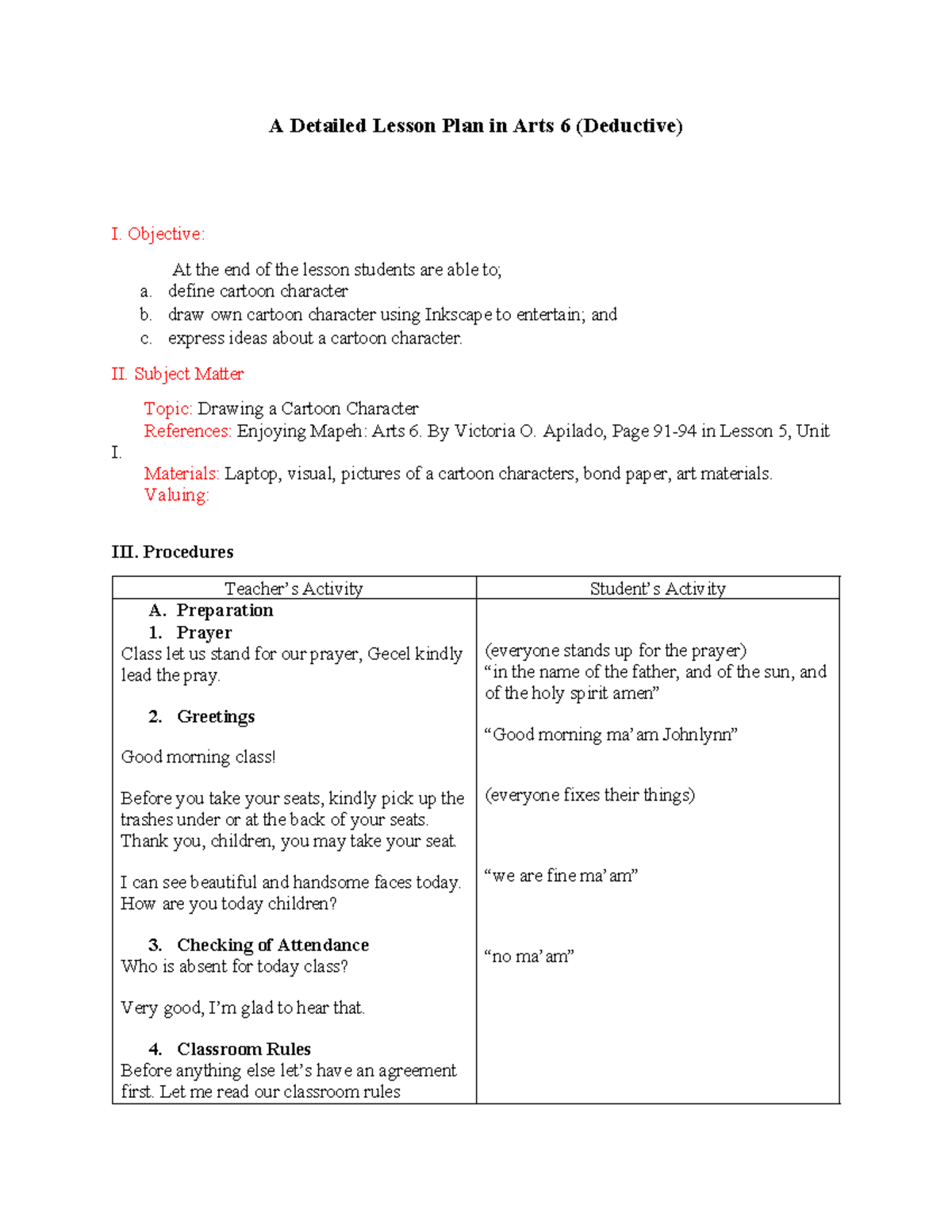 Arts deductive - this is for our project only - A Detailed Lesson Plan ...