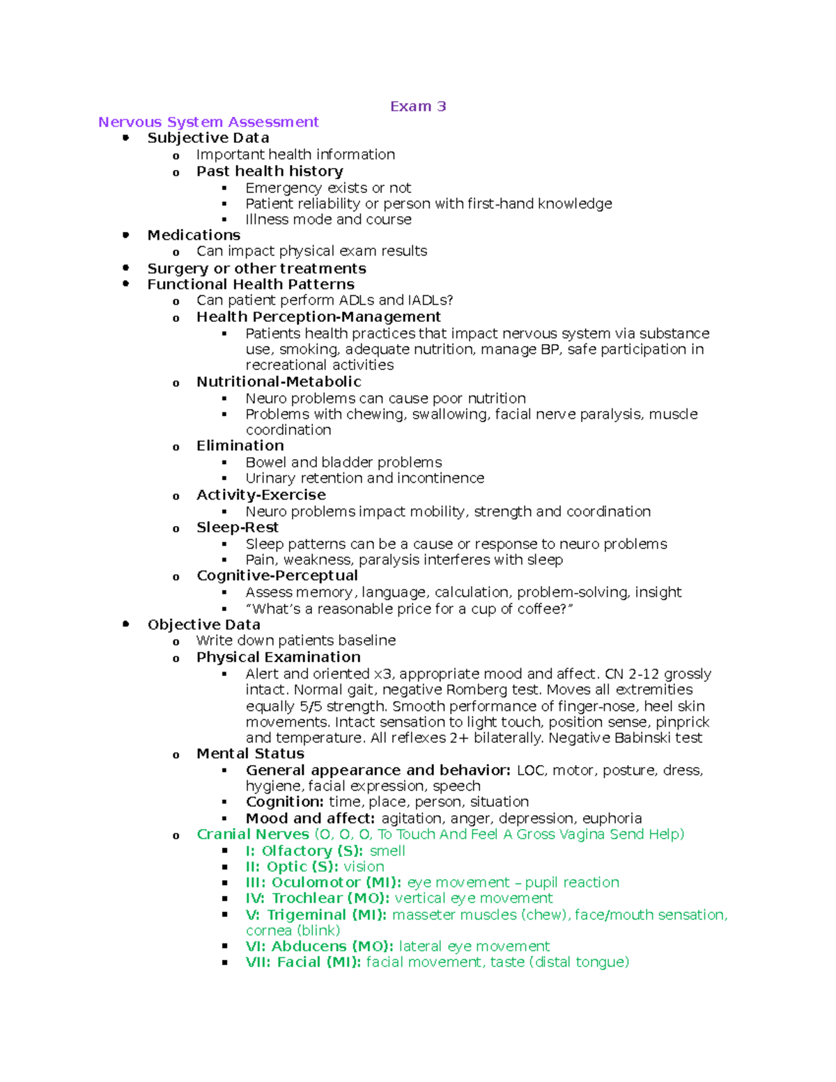 Med Surge Exam 3 - Exam 3 Nervous System Assessment Subjective Data o ...