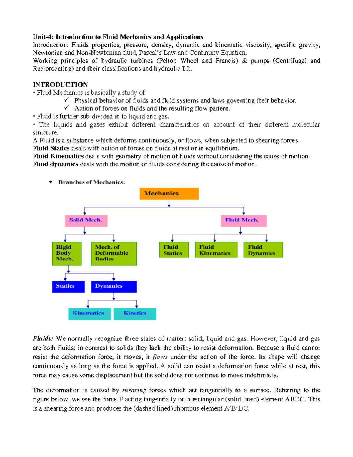 Unit 4 mech - Unit-4: Introduction to Fluid Mechanics and Applications ...