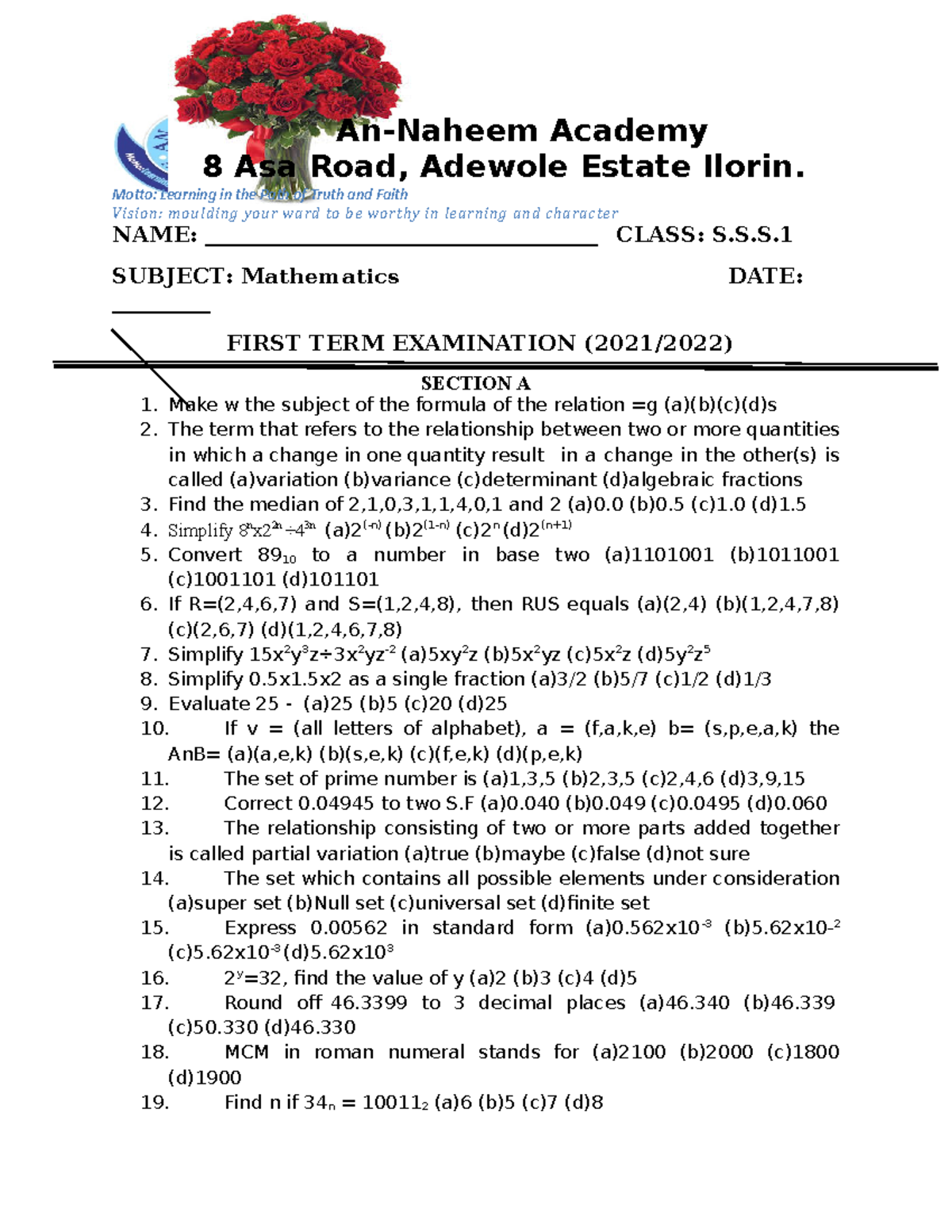 Maths SSS 1 - Introduction to math - An-Naheem Academy 8 Asa Road ...