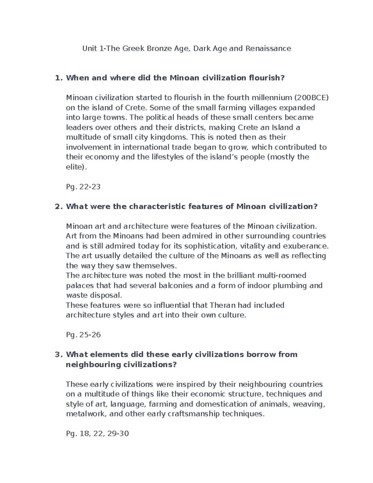 UNIT 1- Greek Bronze Age, Dark Age and Renaissance Study Questions ...