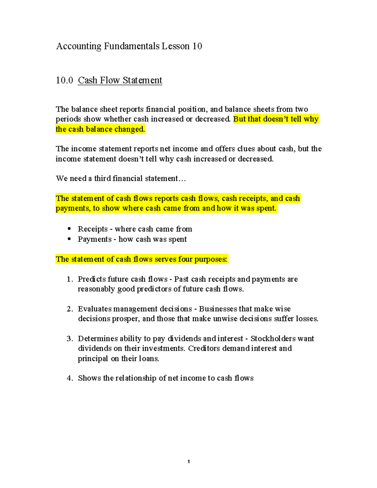 Lesson 10 - ! "! Accounting Fundamentals Lesson 10 10 Cash Flow ...