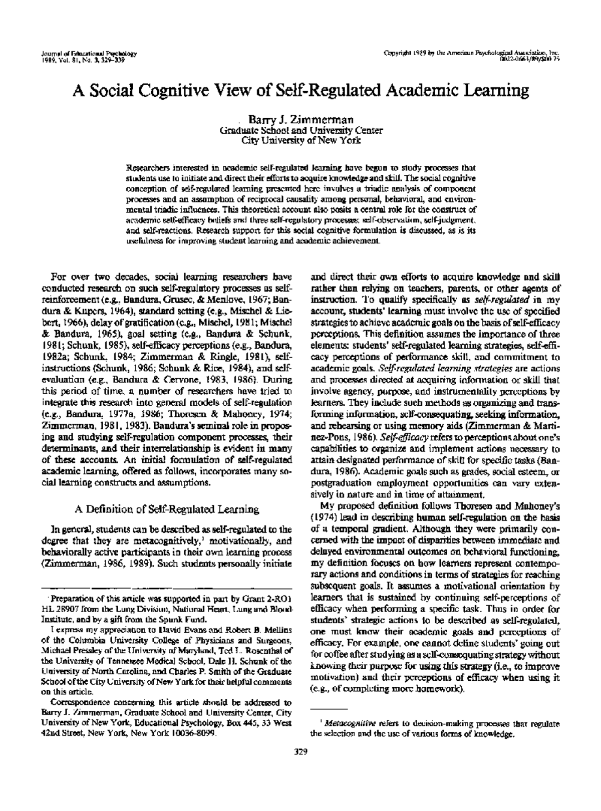 1989- zimmerman - Social cognitif View - Journal of Educational ...