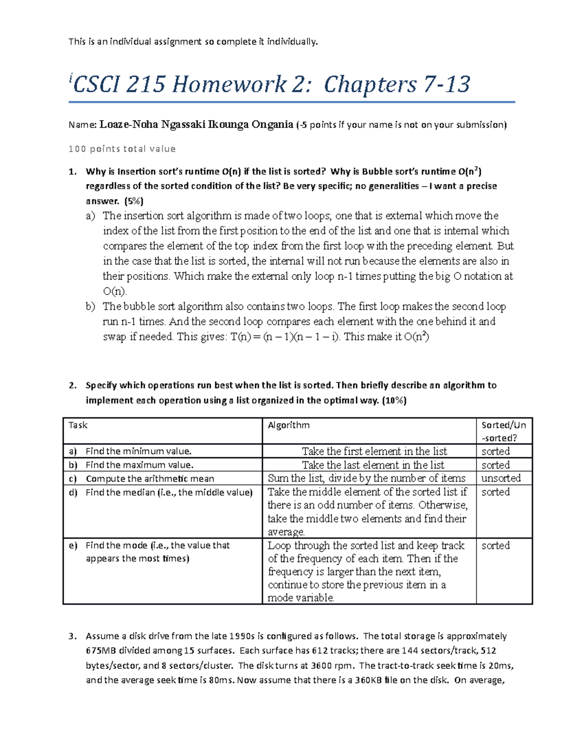 CSIS 215 Homework 2 - i CSCI 215 Homework 2: Chapters 7- Name: Loaze-Noha Ngassaki Ikounga ...