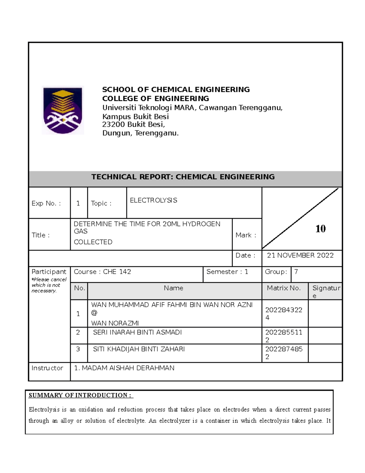 LAB Report GROUP 7 EH110 - SCHOOL OF CHEMICAL ENGINEERING COLLEGE OF ...