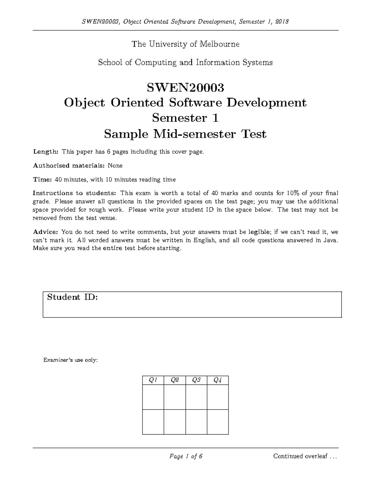 Sample-midsem NO SOLUTION - SWEN20003, Object Oriented Software Development, Semester 1, 2018 ...