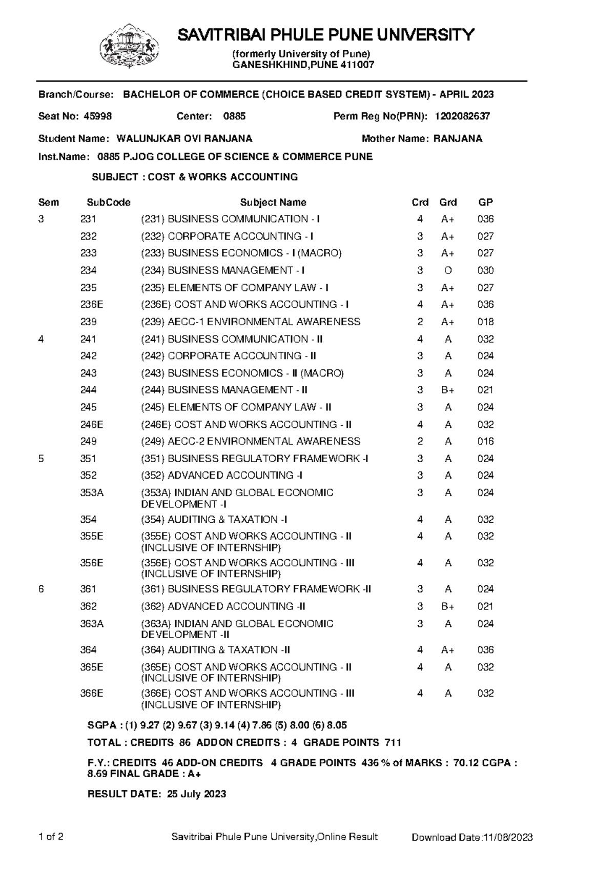 Marksheet ty bcom - Branch/Course: BACHELOR OF COMMERCE (CHOICE BASED ...