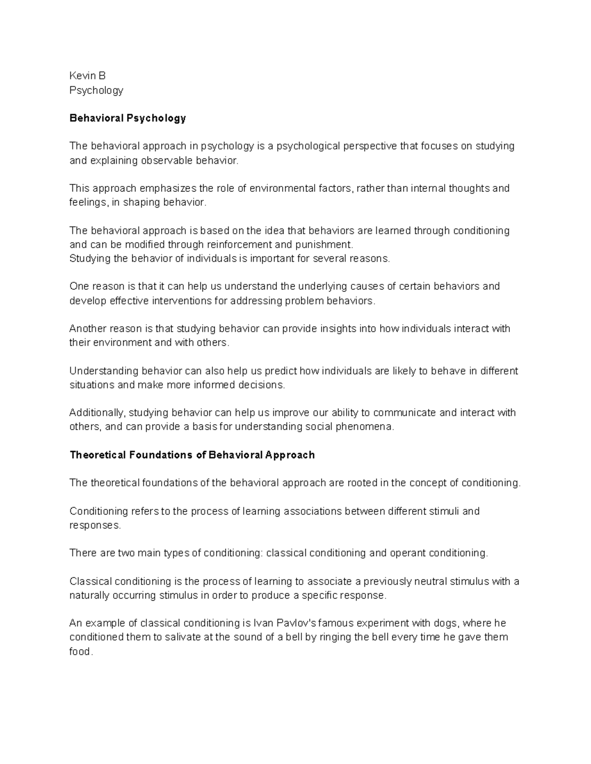 Behavioral Approach - Notes from first lecture - Kevin B Psychology ...