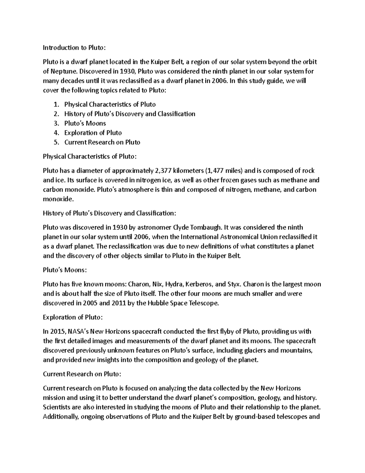 Pluto - A study guide covering the discovery, physical characteristics, and history ...