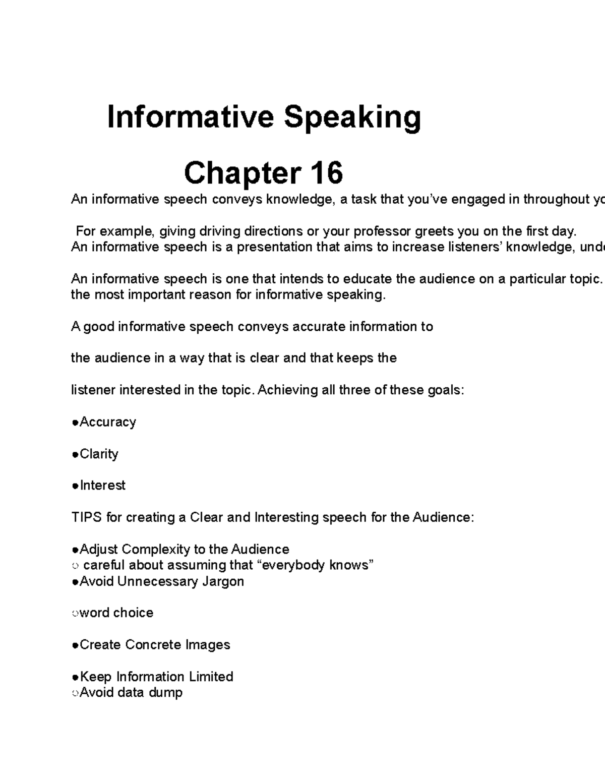 Chapter 16 notes - Informative Speaking Chapter 16 An informative ...