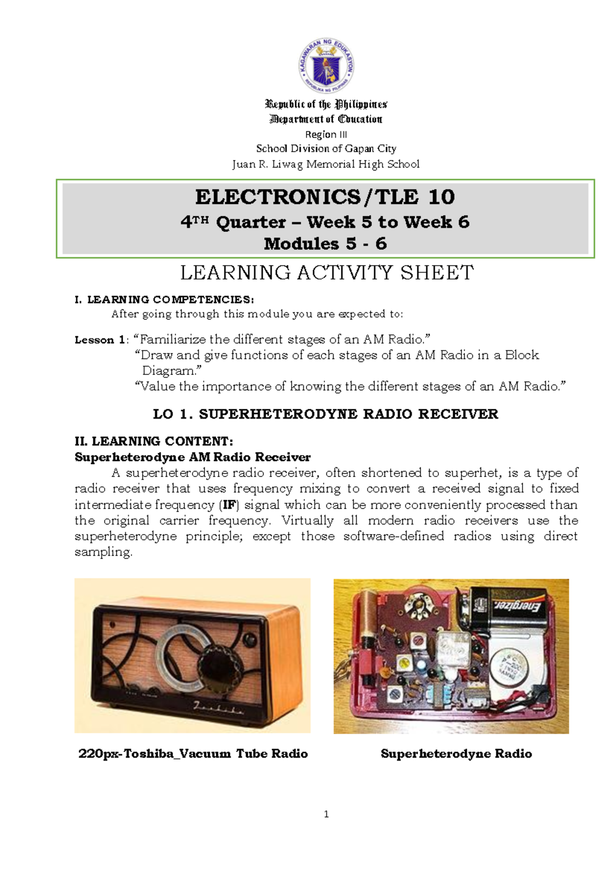 Electronics 10-1 - ELECTRONICS/TLE 10 4 TH Quarter – Week 5 to Week 6 Modules 5 - 6 Republic of ...