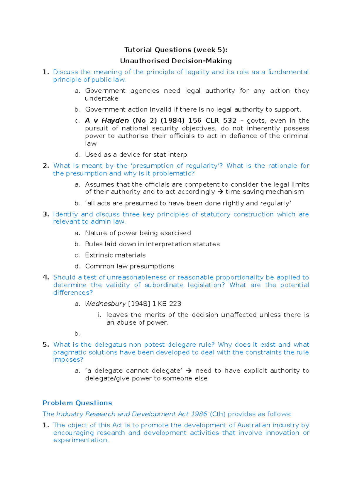 Tutorial Questions week 5 - a. Government agencies need legal authority ...
