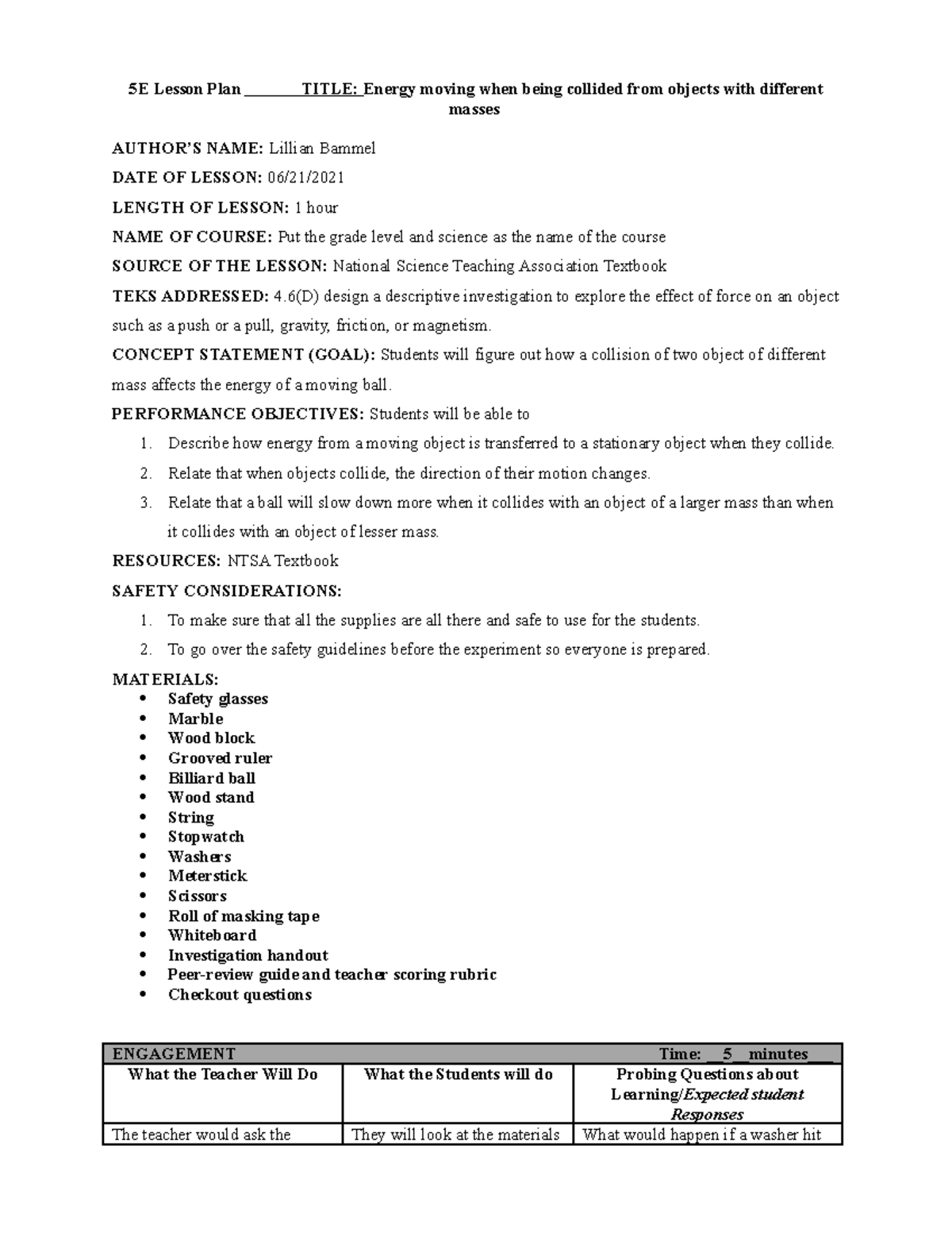 5E Lesson Plan 2 CI 4355 - 5E Lesson Plan TITLE: Energy moving when ...