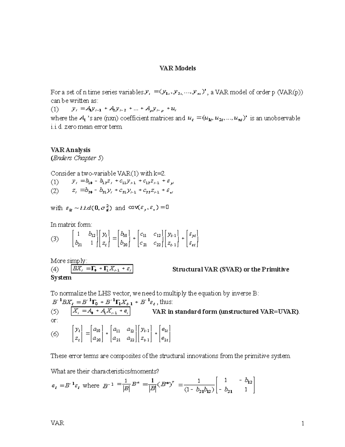 VAR - VAR Models - VAR Models For a set of n time series variables yt ...