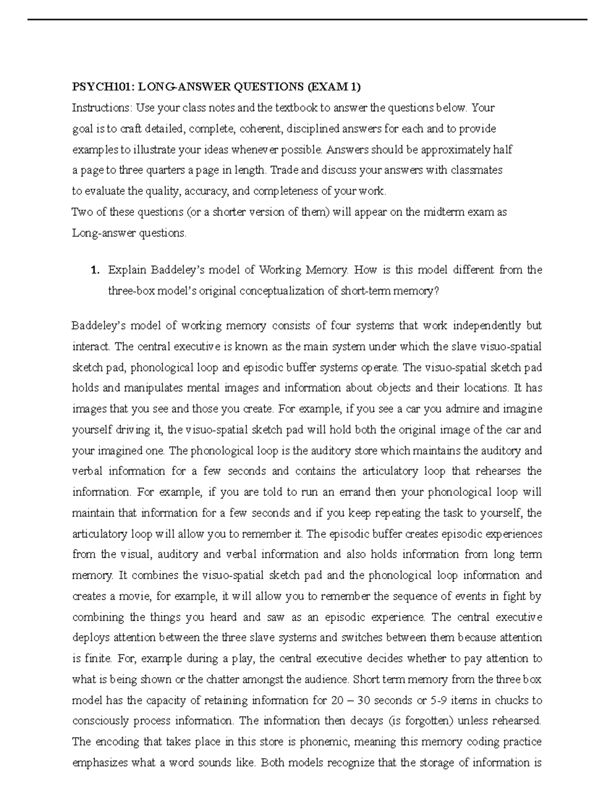 Psych 101- Test 1 Questions - PSYCH101: LONG-ANSWER QUESTIONS (EXAM 1 ...