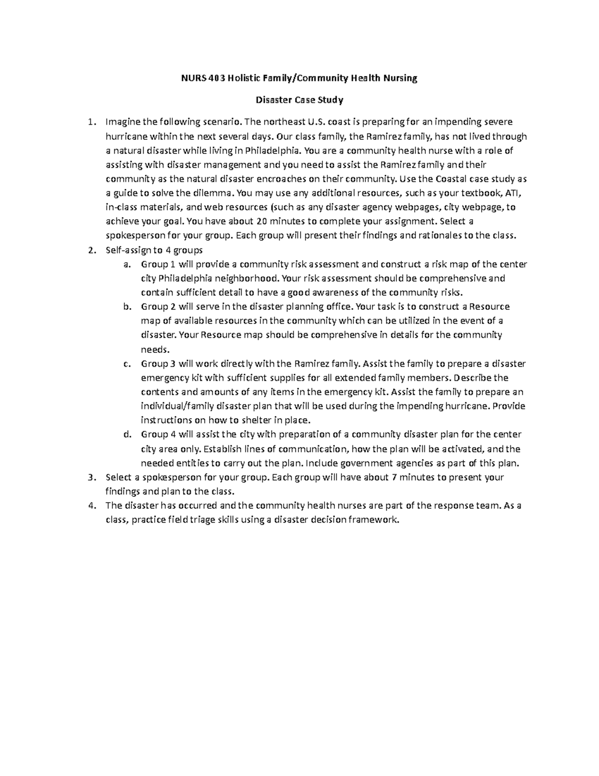 Disaster case study - N/A - NURS 403 Holistic Family/Community Health ...