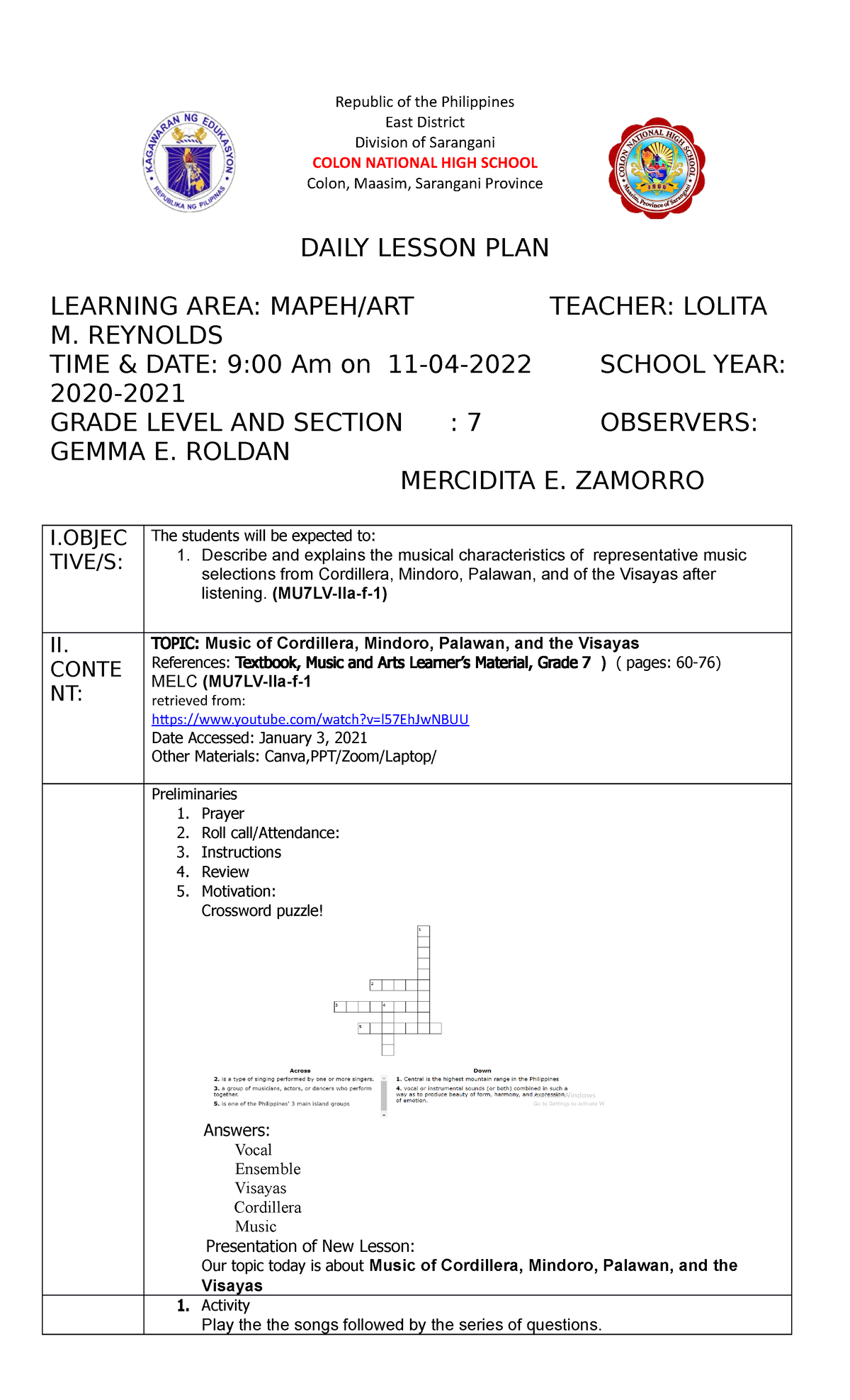 COT-1-lesson-plan-Grade 7 music Mapeh 2ND Quarter evaluation - Republic ...