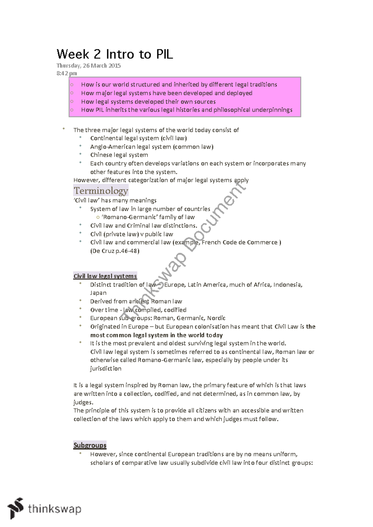 Global law p1 - Notes - Week 2 Intro to PIL Thursday, 26 March 2015 8: ...