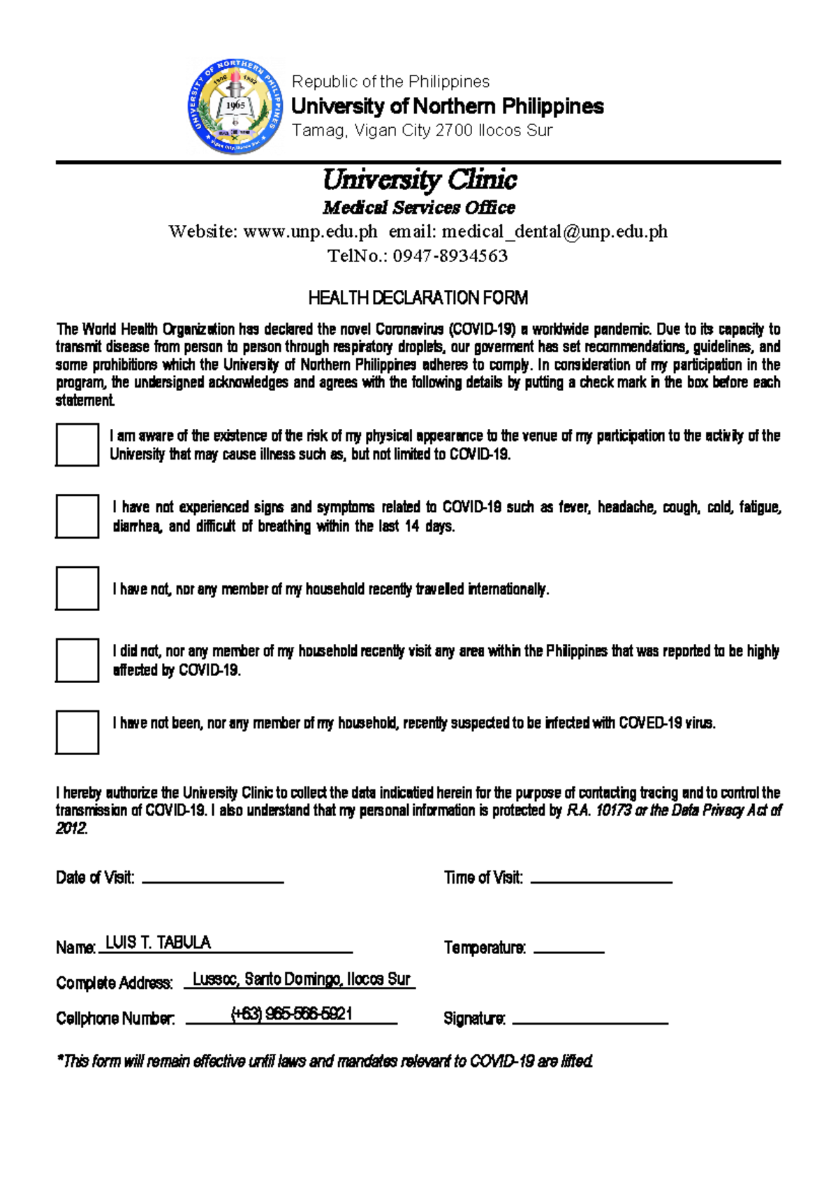 Health declaration form unp - Republic of the Philippines University of ...