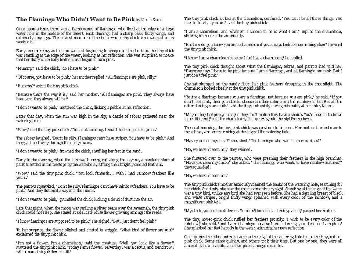 Story - The Flamingo Who Didn’t Want to Be Pink by Nicola Stone Once ...