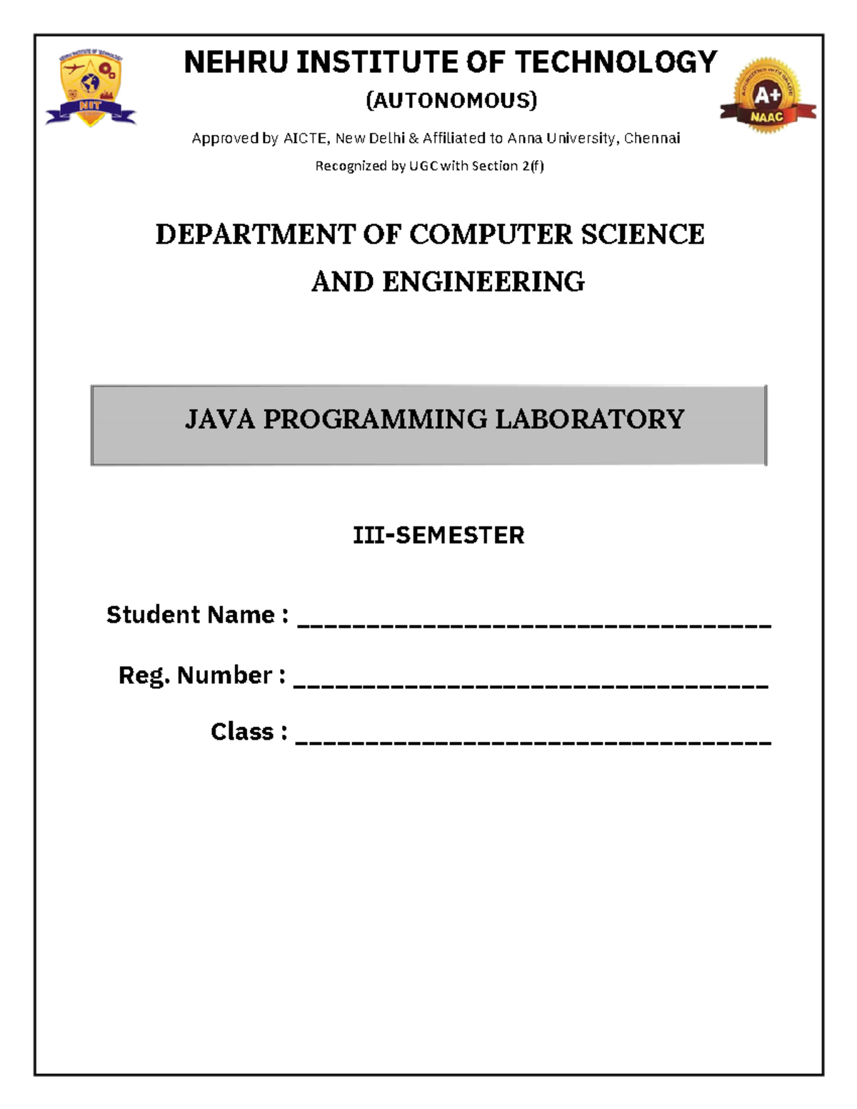 OOPS WITH JAVA LAb3.pdf - NEHRU INSTITUTE OF TECHNOLOGY (AUTONOMOUS) Approved by AICTE, New ...