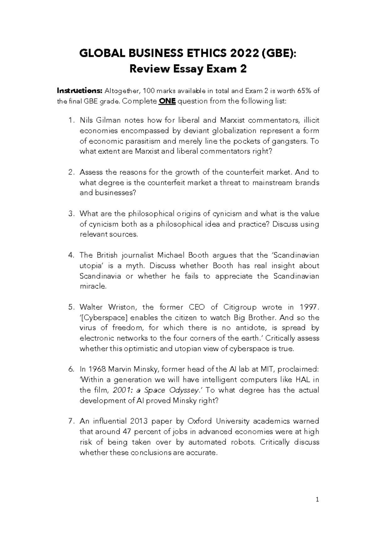 GBE EXAM 2 (2022) - Example questions - 1 GLOBAL BUSINESS ETHICS 2022 ...