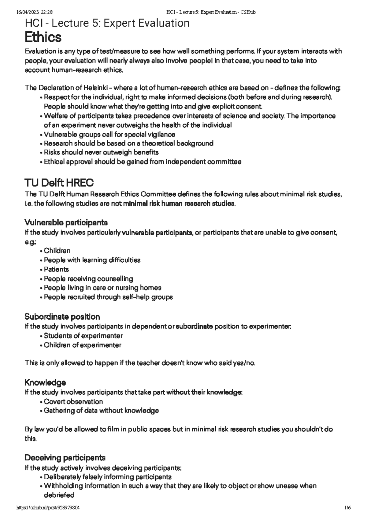 HCI - Lecture 5 Expert Evaluation - CSHub - HCI - Lecture 5: Expert Evaluation Ethics Evaluation ...