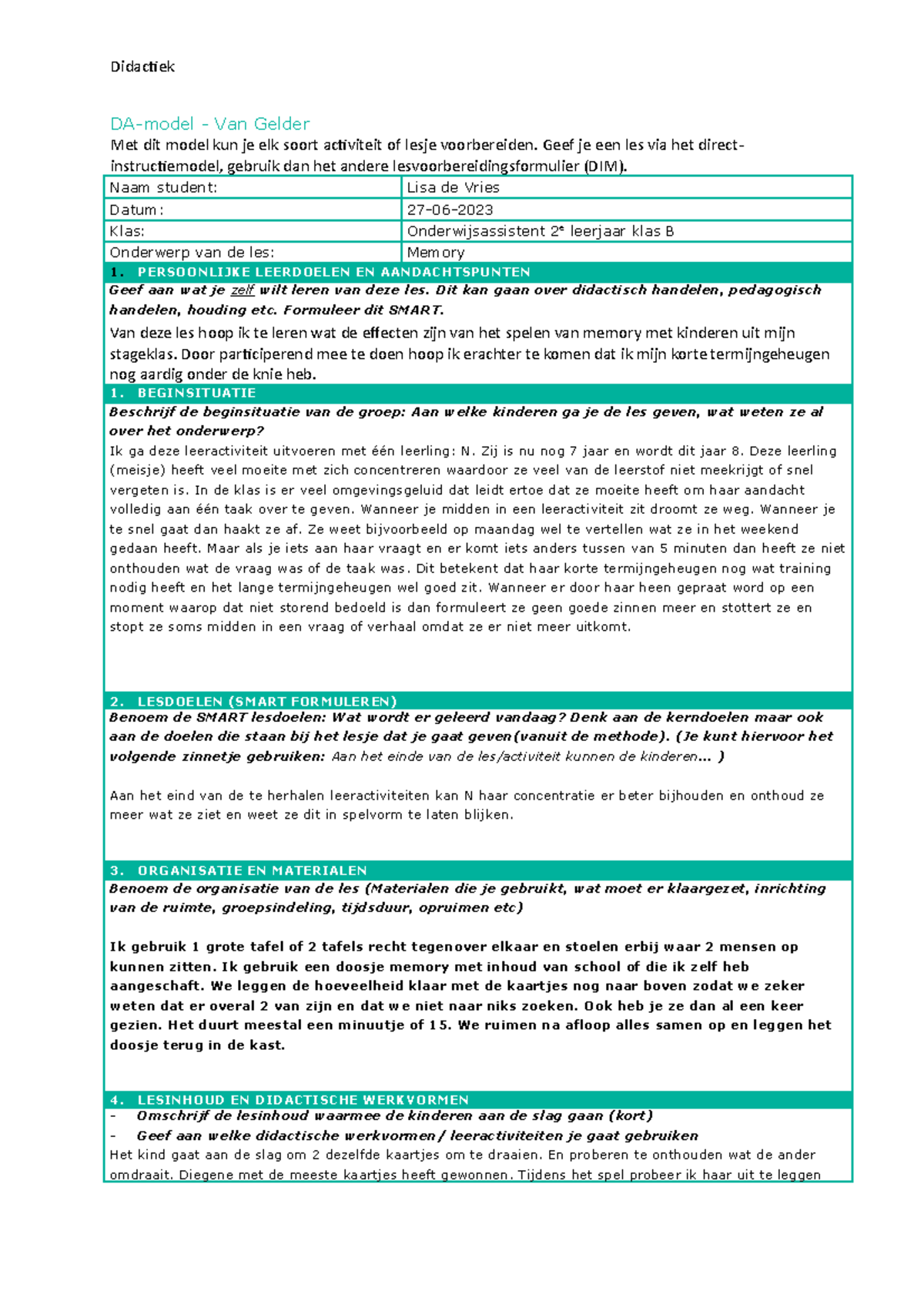 Memory voorbereidingsles - Didactiek DA-model - Van Gelder Met dit ...