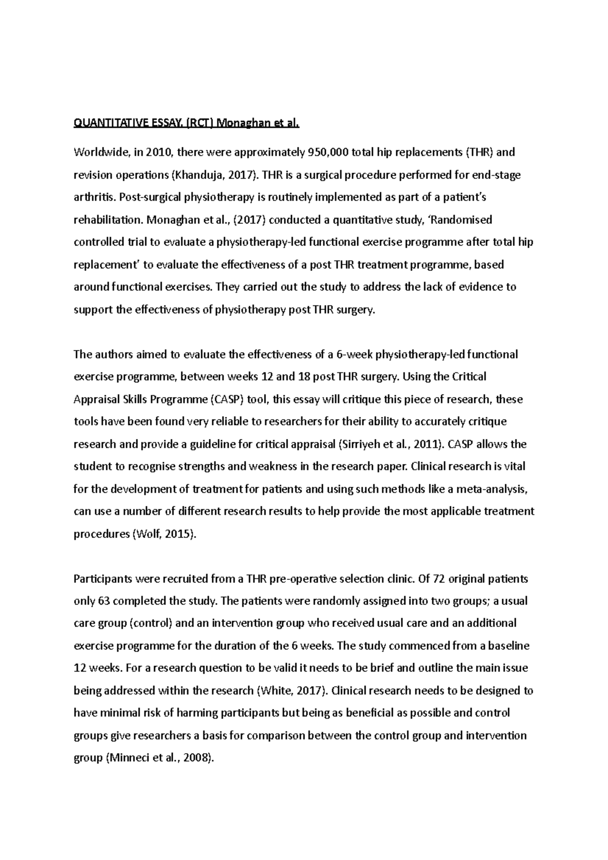 Exemplar Quantitative Grade D - QUANTITATIVE ESSAY. (RCT) Monaghan et ...