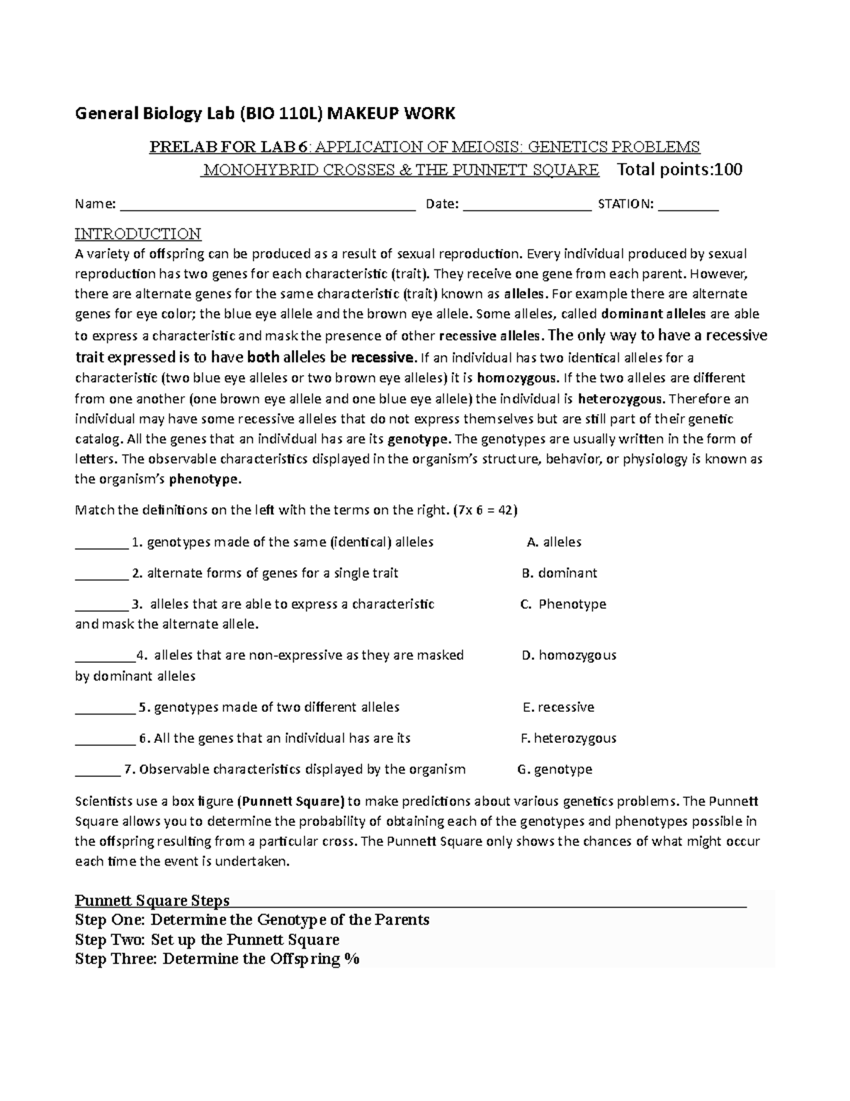 BIO 110L Prelab 6 - assignment - General Biology Lab (BIO 110L) MAKEUP ...