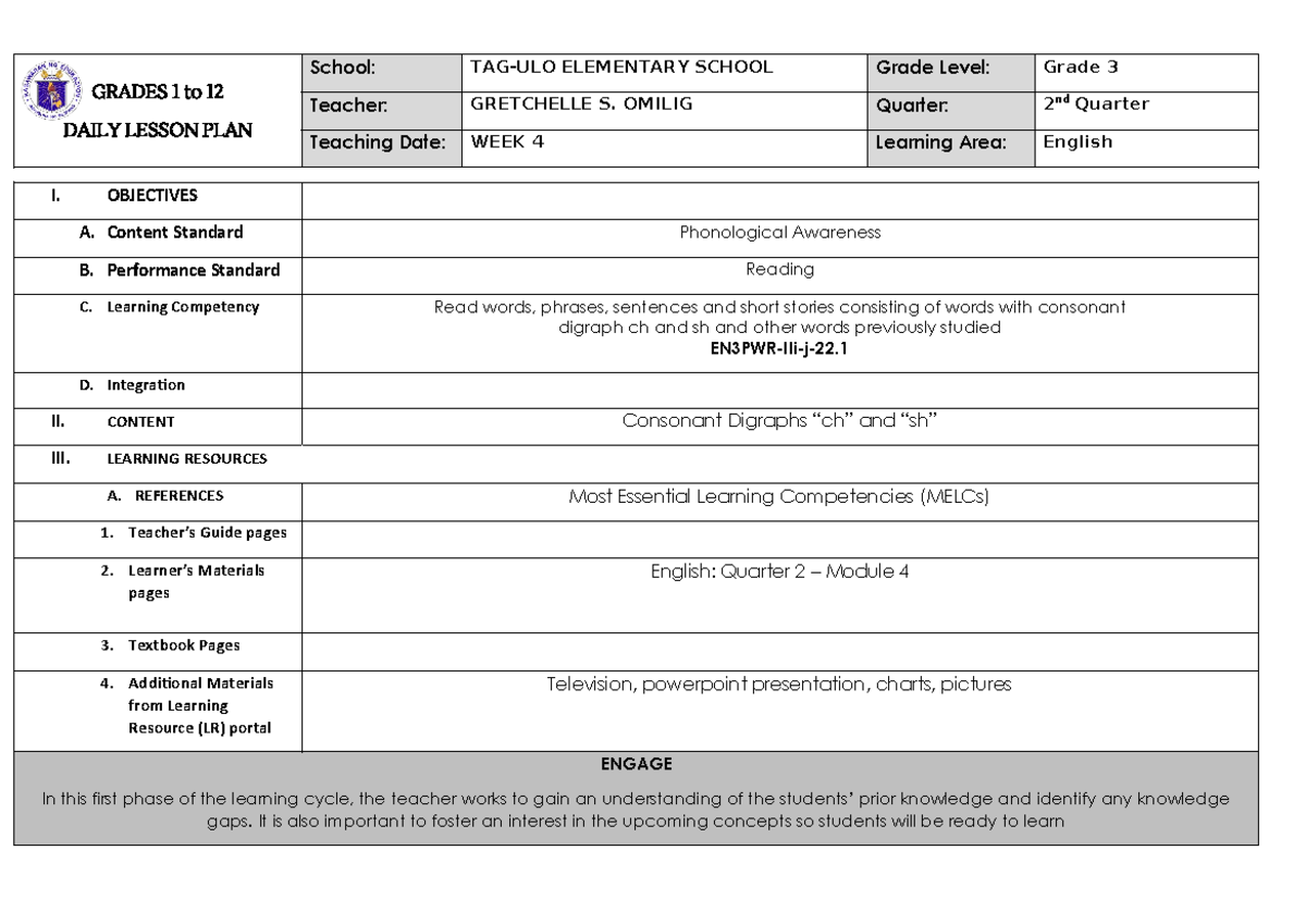 COT English 3 Digraphs - GRADES 1 to 12 DAILY LESSON PLAN School: TAG ...