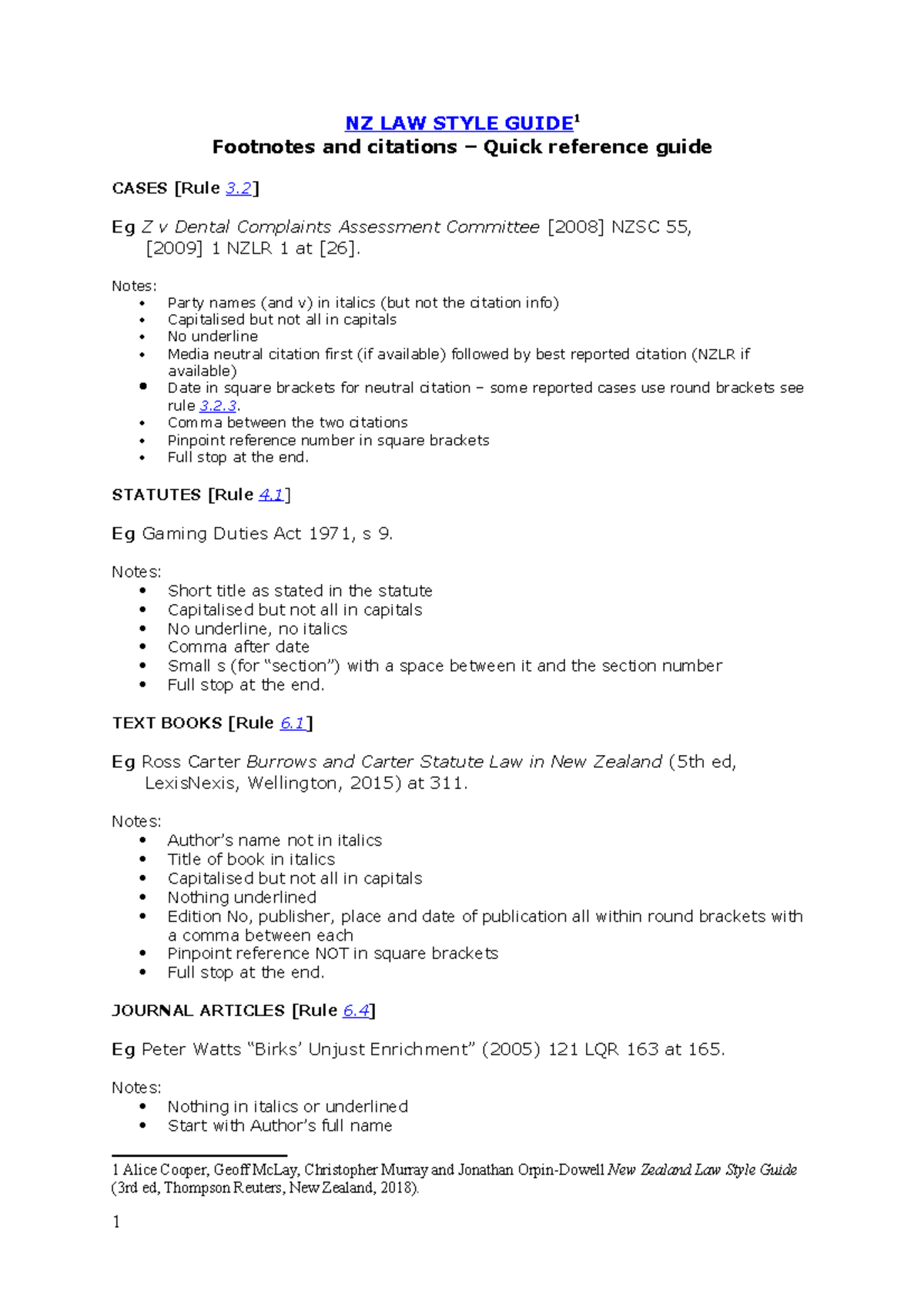 NZ LAW Style Guide summary - NZ LAW STYLE GUIDE 1 Footnotes and ...