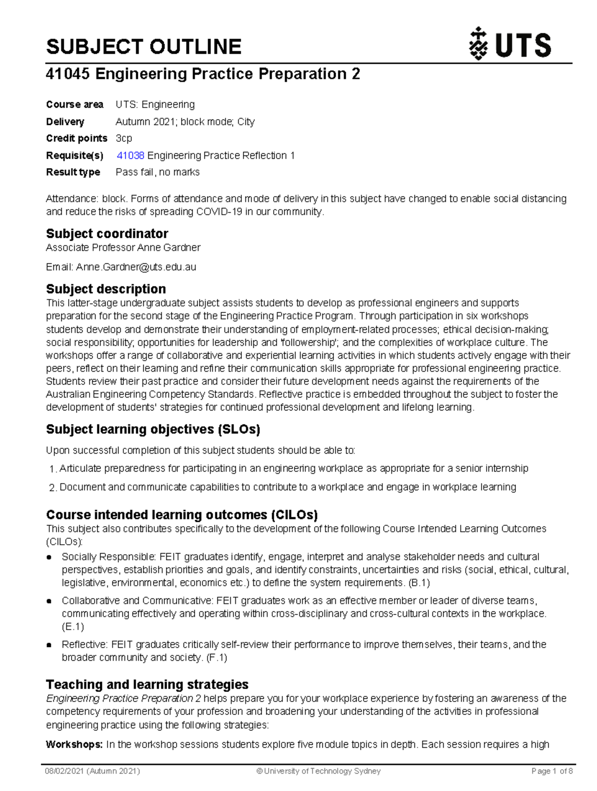 EPP2 Subject Outline 2021 - SUBJECT OUTLINE 41045 Engineering Practice ...
