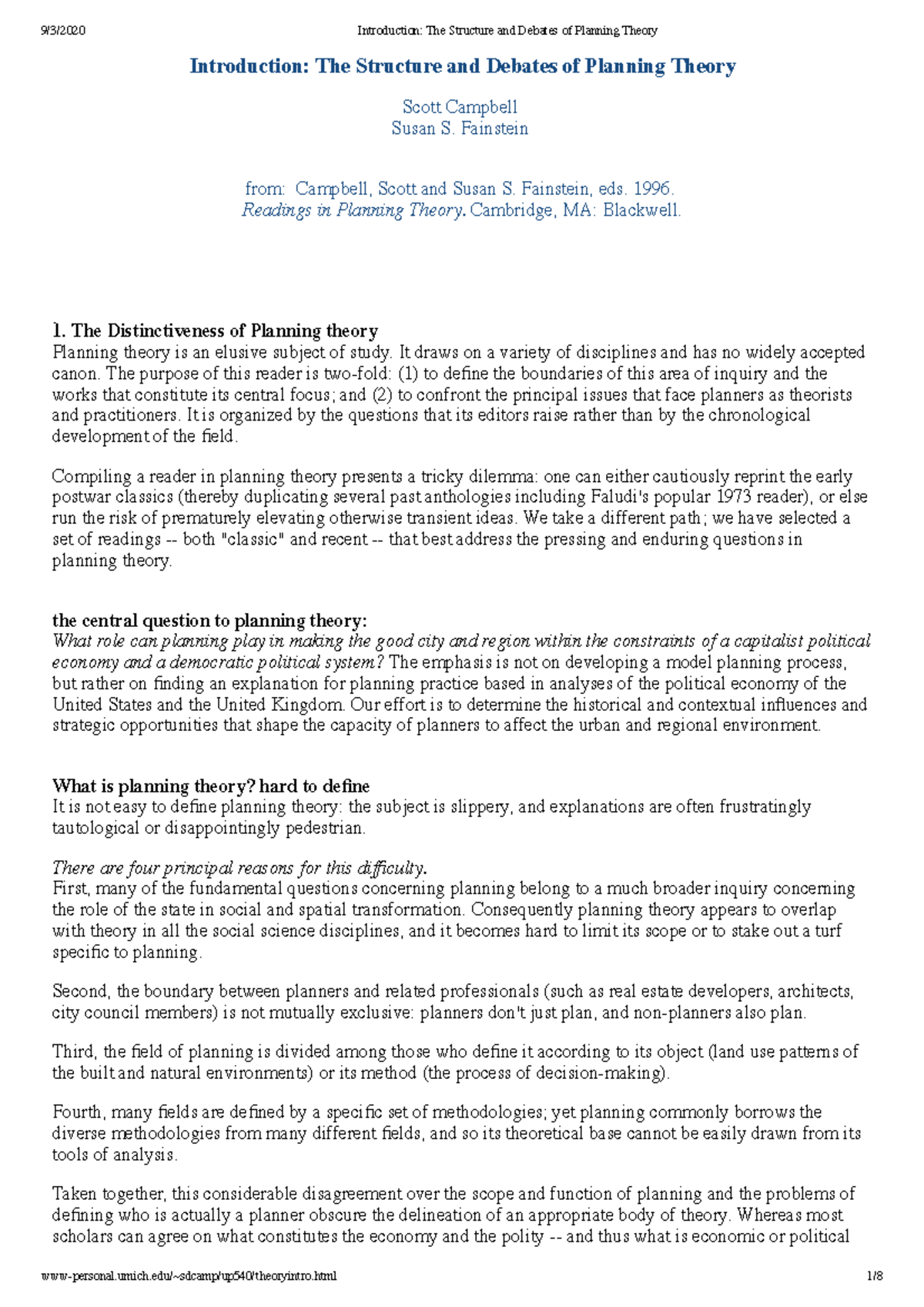 Introduction The Structure and Debates of Planning Theory - Fainstein ...