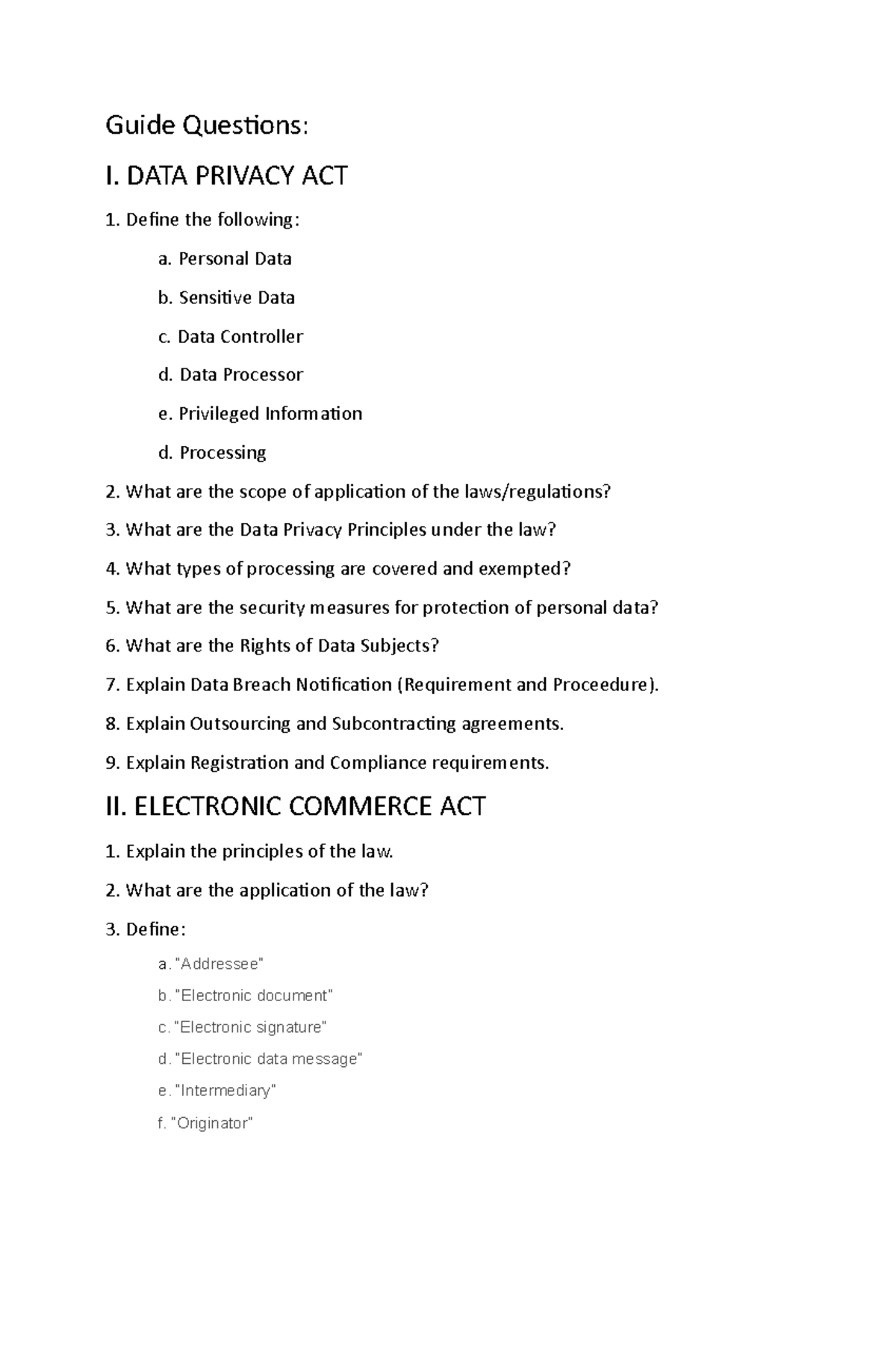 Guide Questions for Saturday E - Guide Questions: I. DATA PRIVACY ACT ...