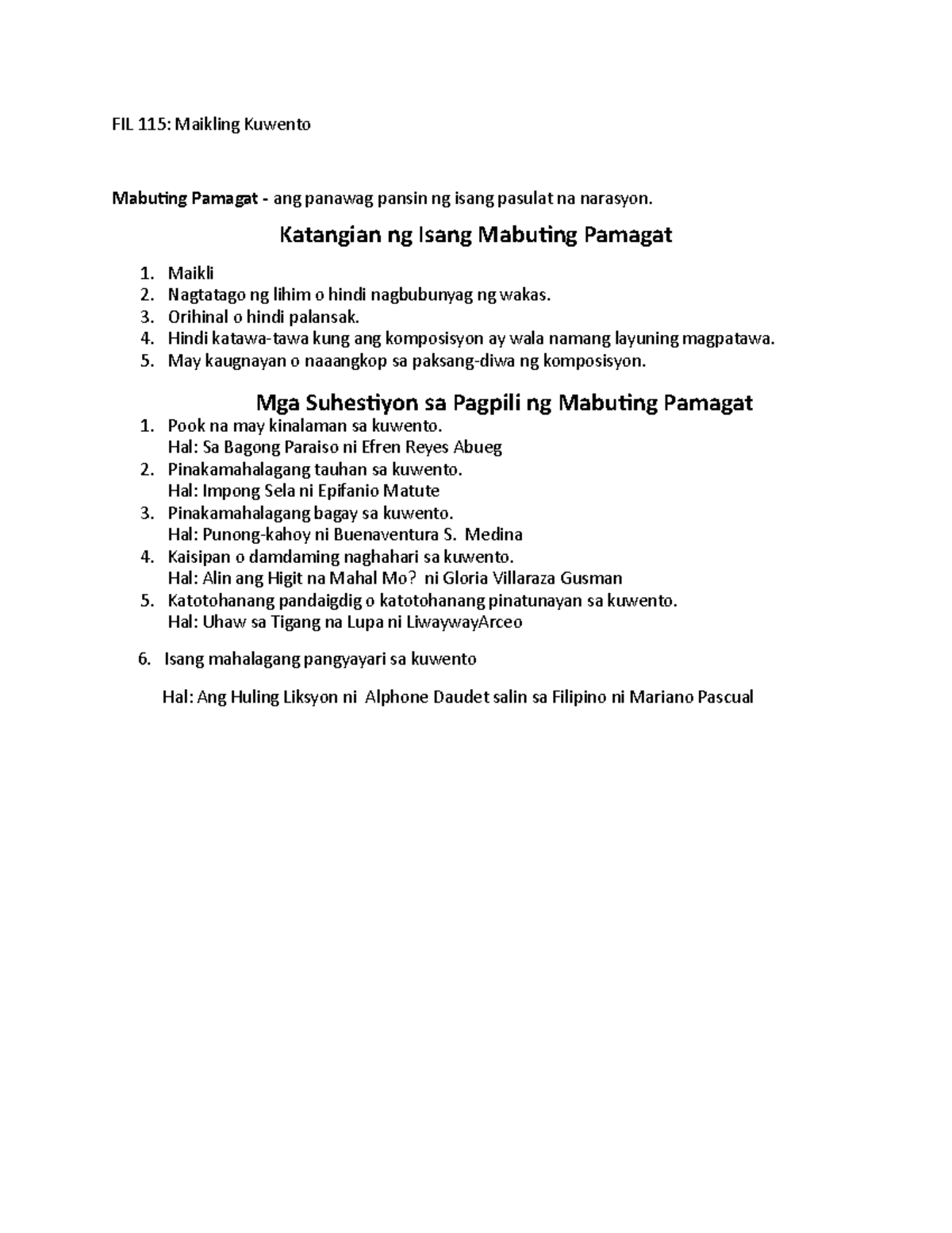 Pamagat - Fil 115: Maikling Kuwento - FIL 115: Maikling Kuwento ...