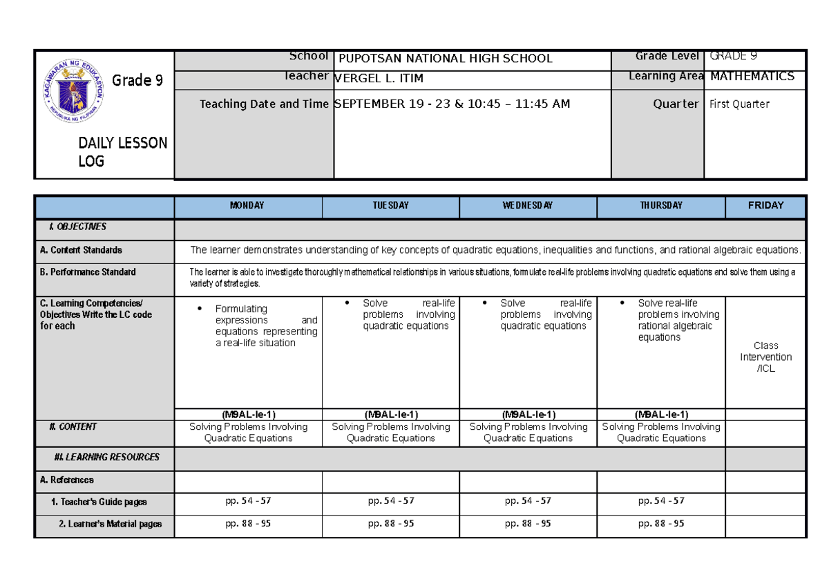 MATH 9 lesson plan week 7 - Grade 9 DAILY LESSON LOG School PUPOTSAN ...