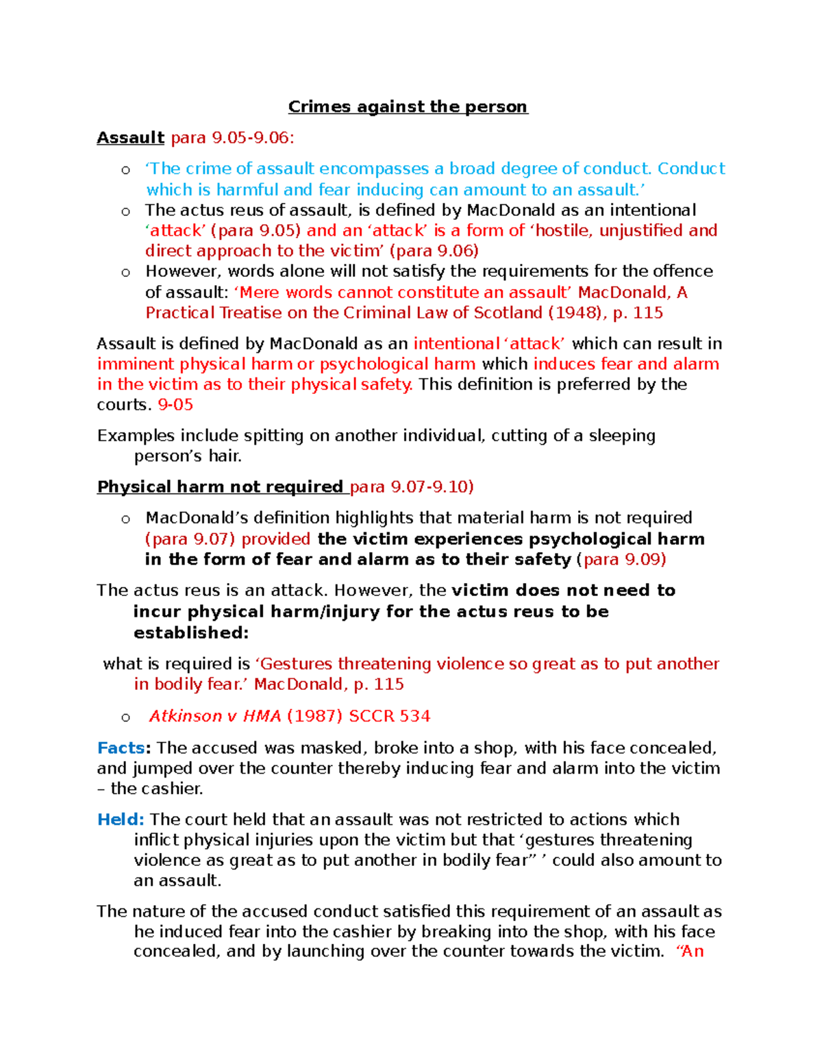 Assault - assualt criminal law - Crimes against the person Assault para ...