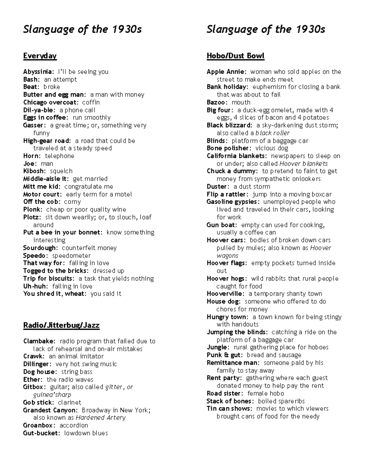 Slanguage sheets - final - Slanguage of the 1930s Everyday Abyssinia: I ...