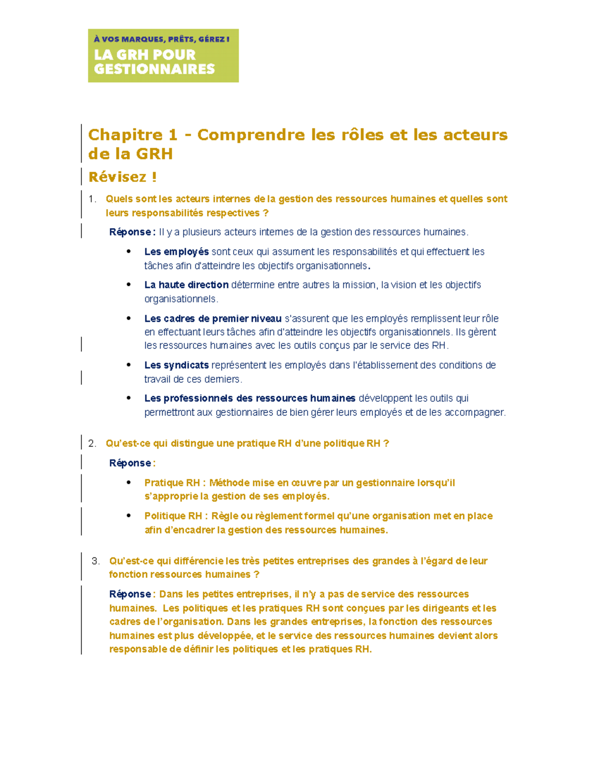 Correction manuel exercice - Chapitre 1 - Comprendre les rôles et les acteurs de la GRH Révisez ...