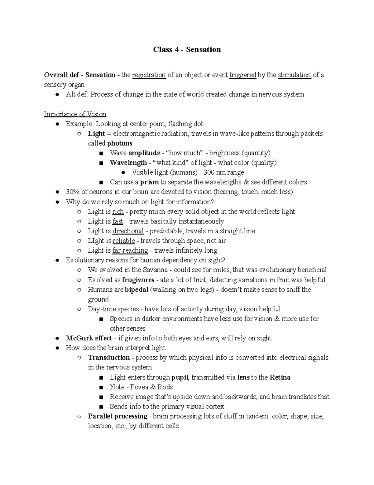 Class 4 - Sensation - Class 4 - Sensation Overall def - Sensation - the ...